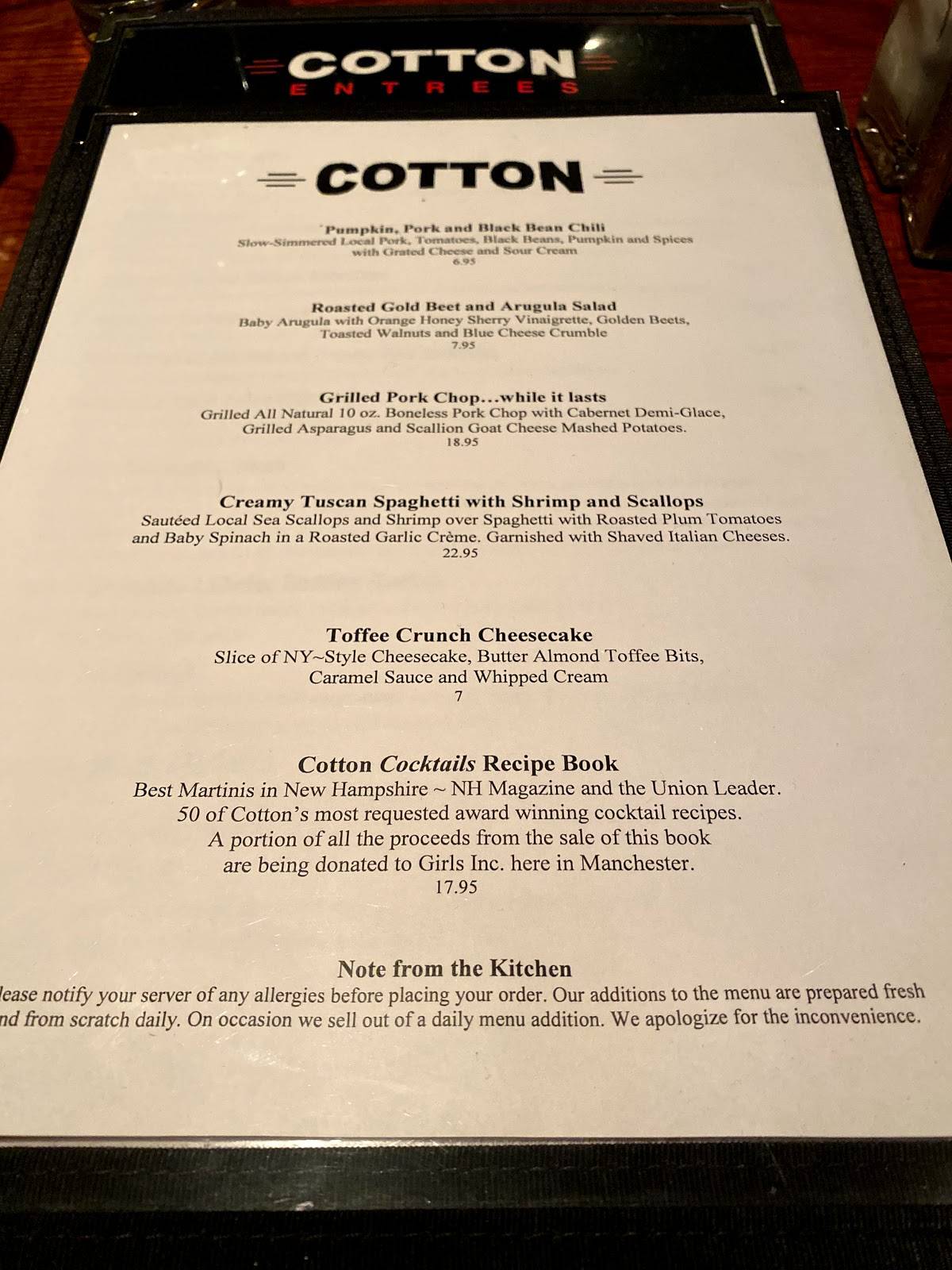 Menu at Cotton Restaurant, Manchester