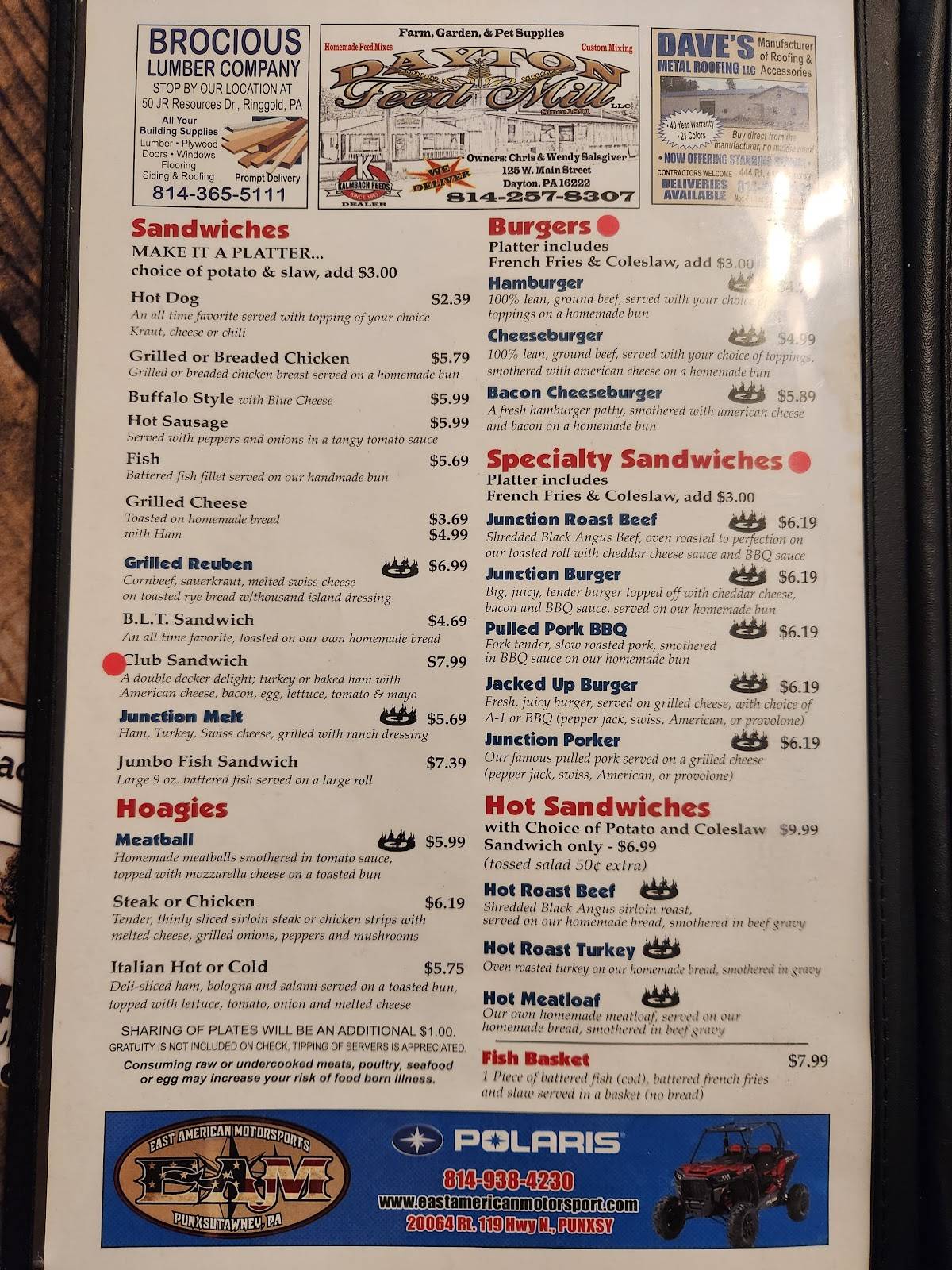 Menu at Country Junction II restaurant, Smicksburg