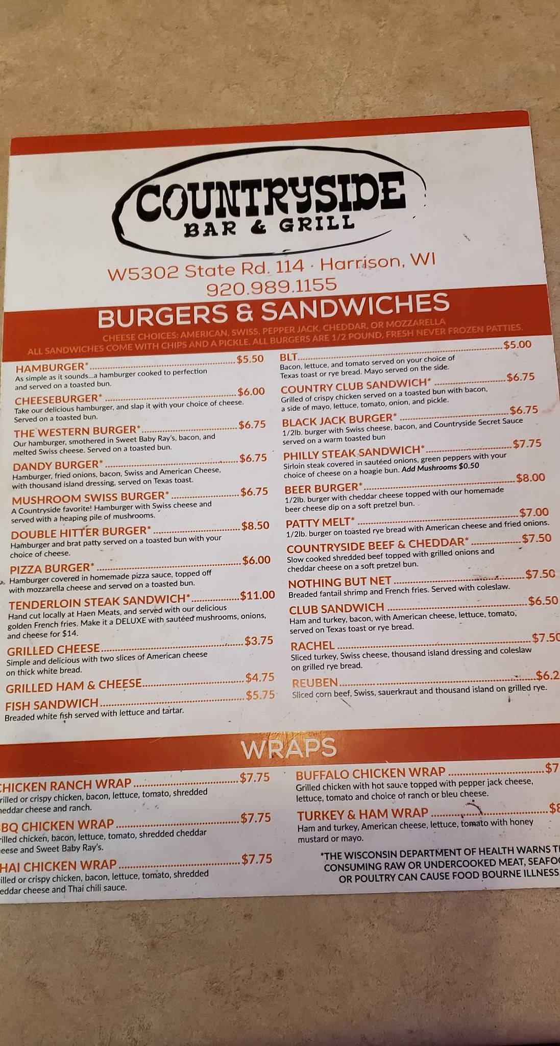 Menu at Countryside Bar & Grill, Harrison, W5302 State Road 114