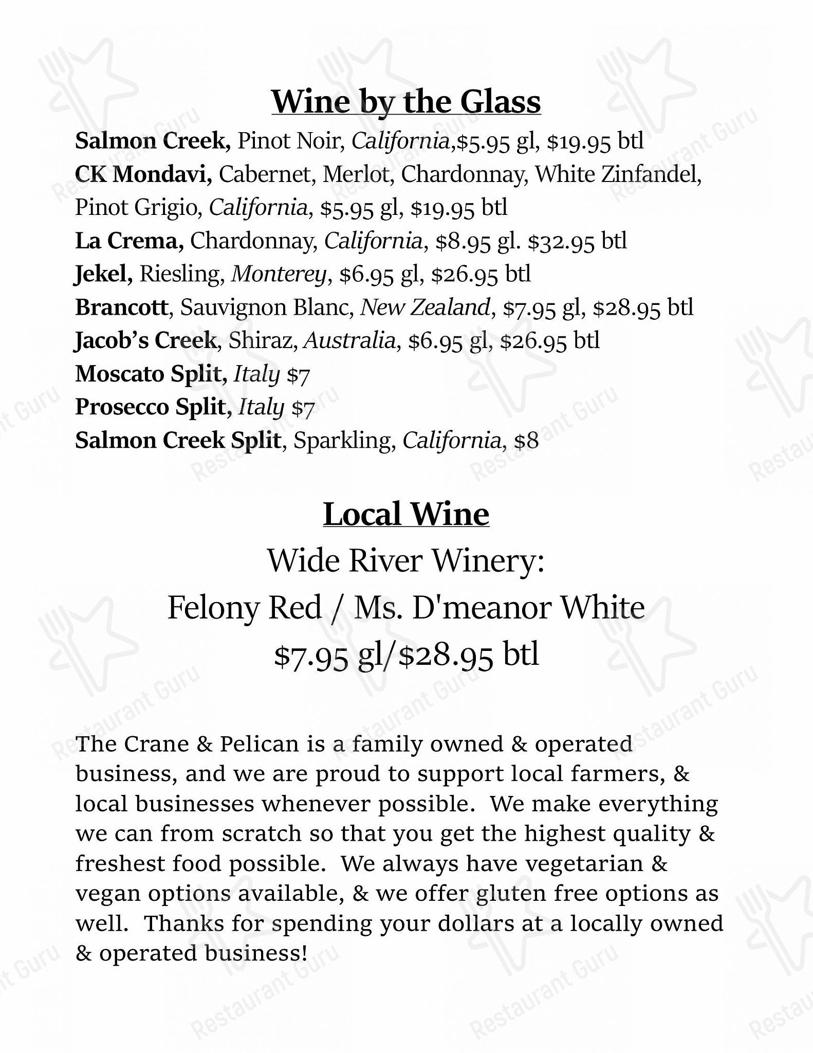 Menu at Crane & Pelican Cafe, Le Claire