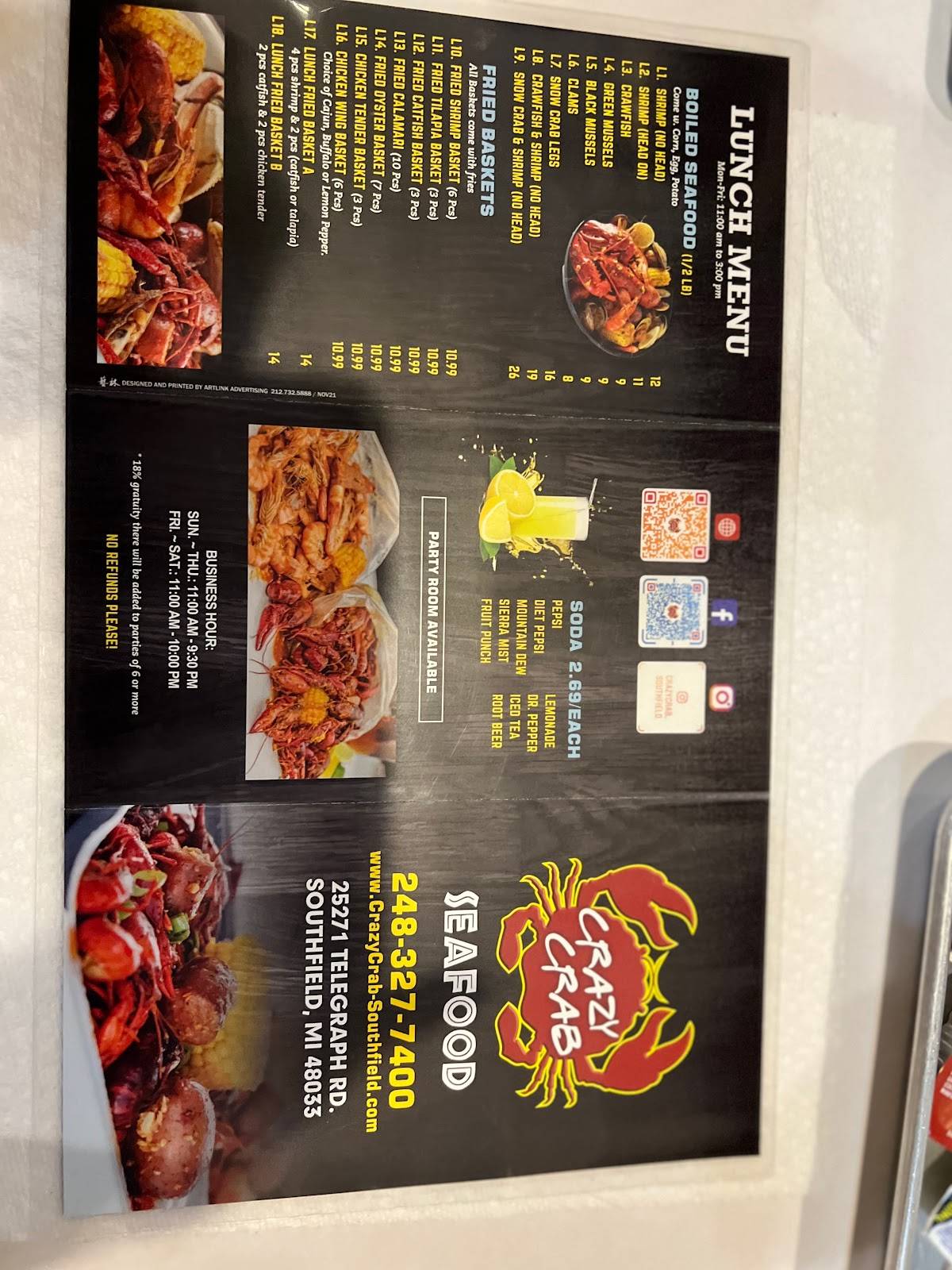 Menu at Crazy Crab restaurant, Southfield