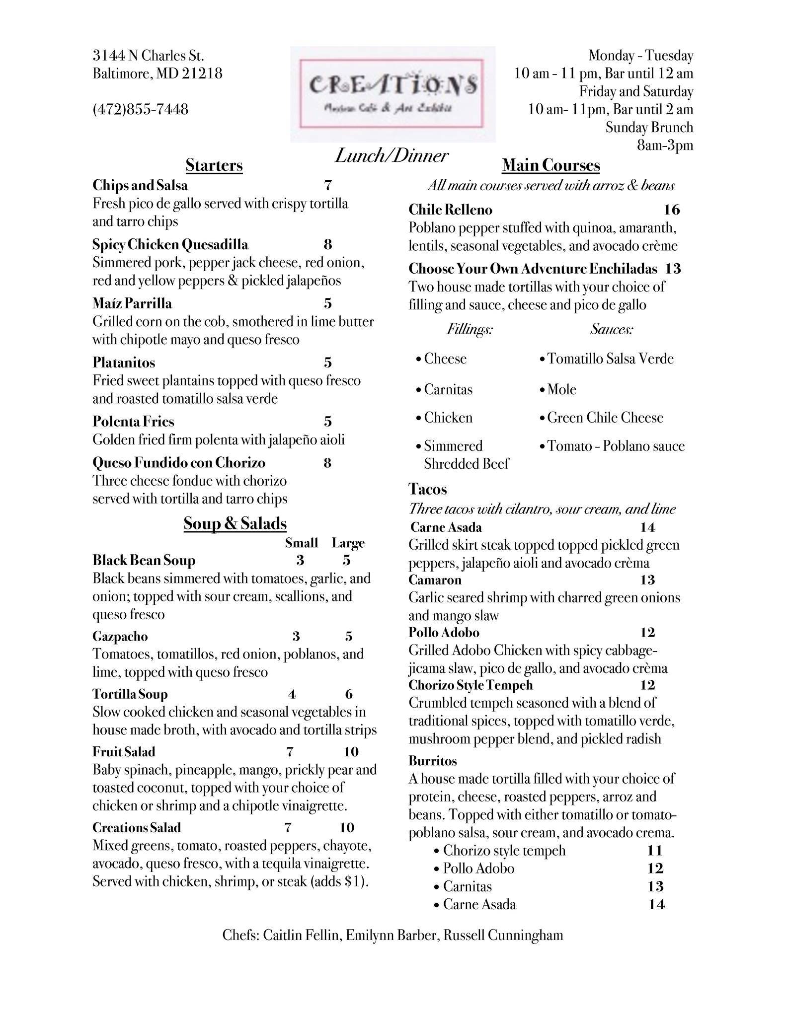 Menu at Creations Mexican Cafe & Art Gallery, Baltimore