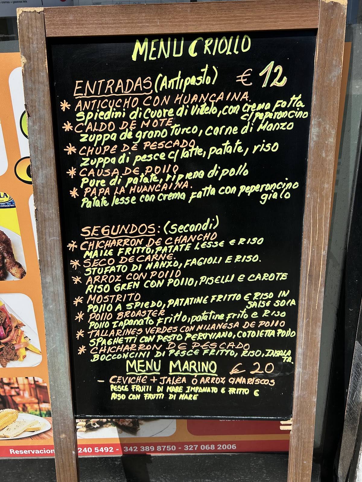Menu da Criollo ristorante, Milano