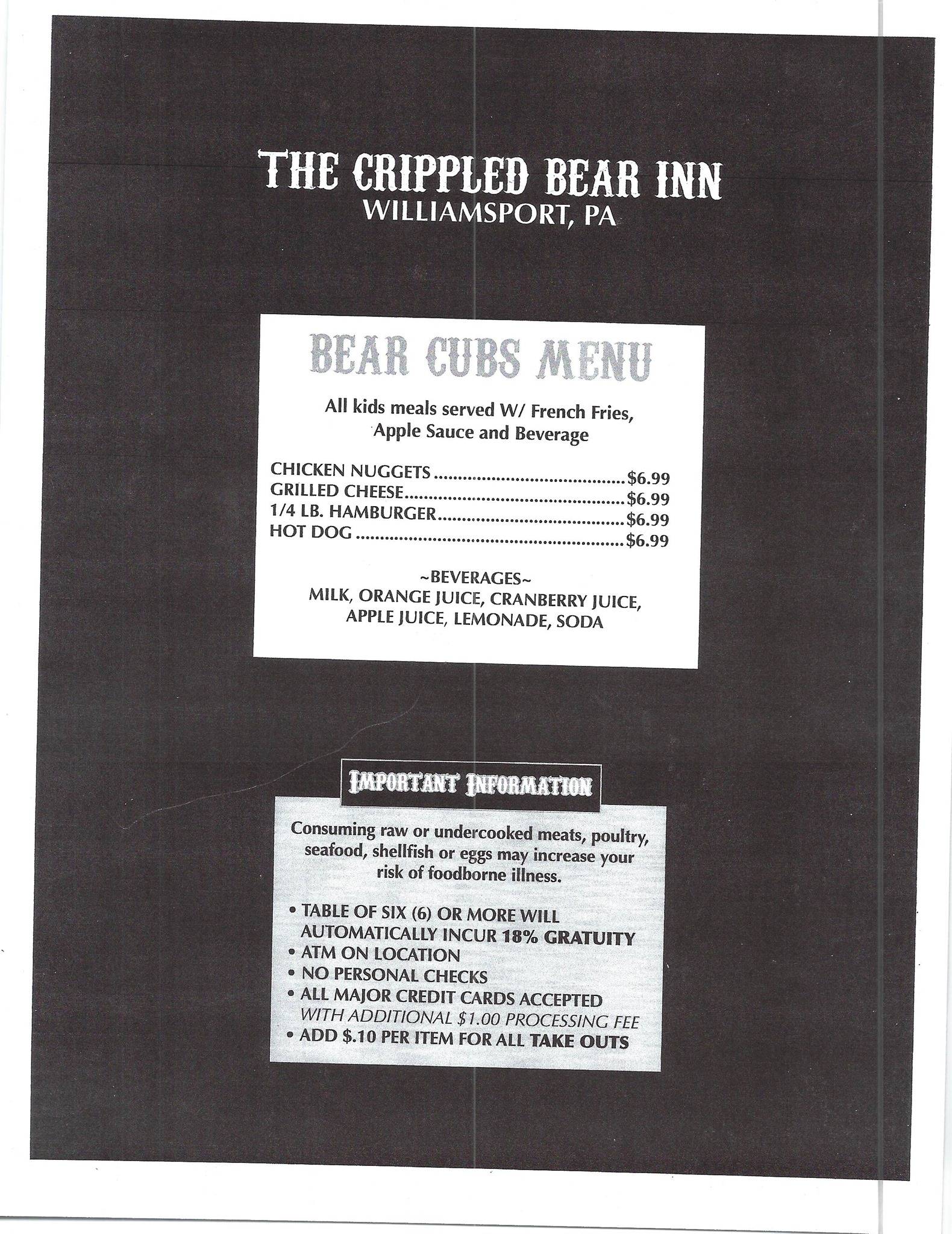 Menu at Crippled Bear Inn pub & bar, Williamsport, Lycoming Creek Rd