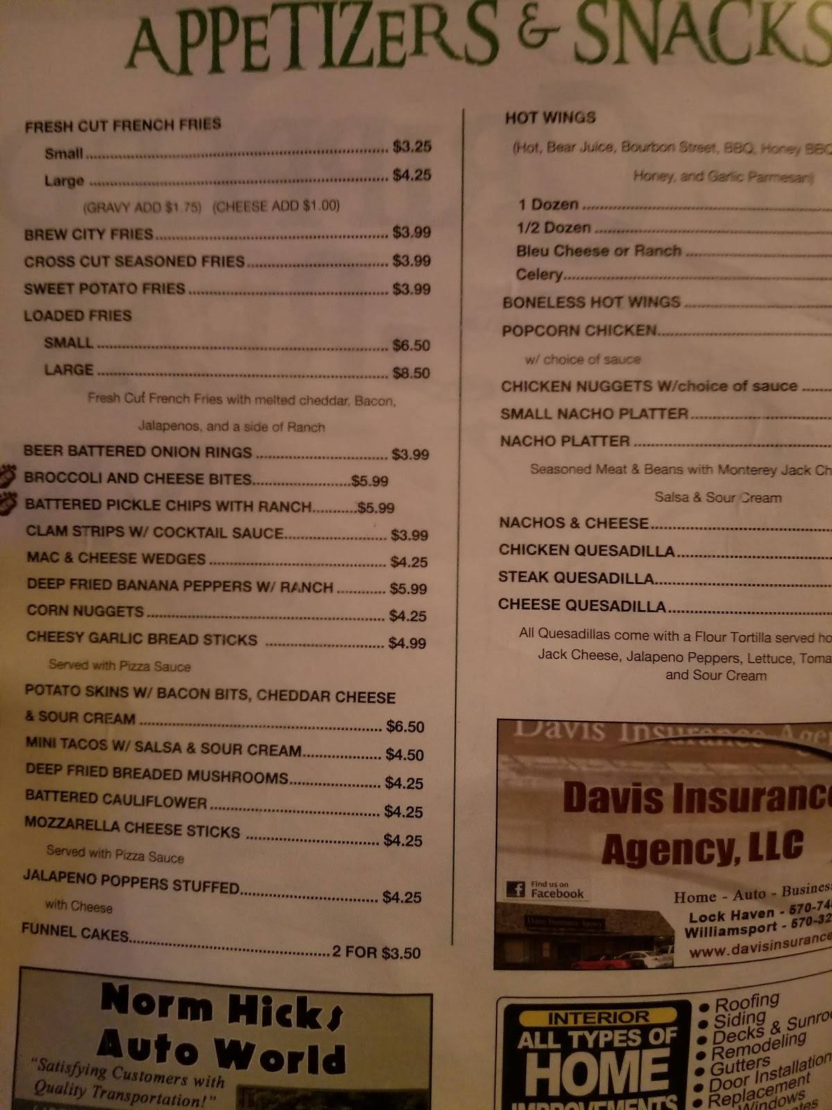 Menu at Crippled Bear Inn pub & bar, Williamsport, Lycoming Creek Rd