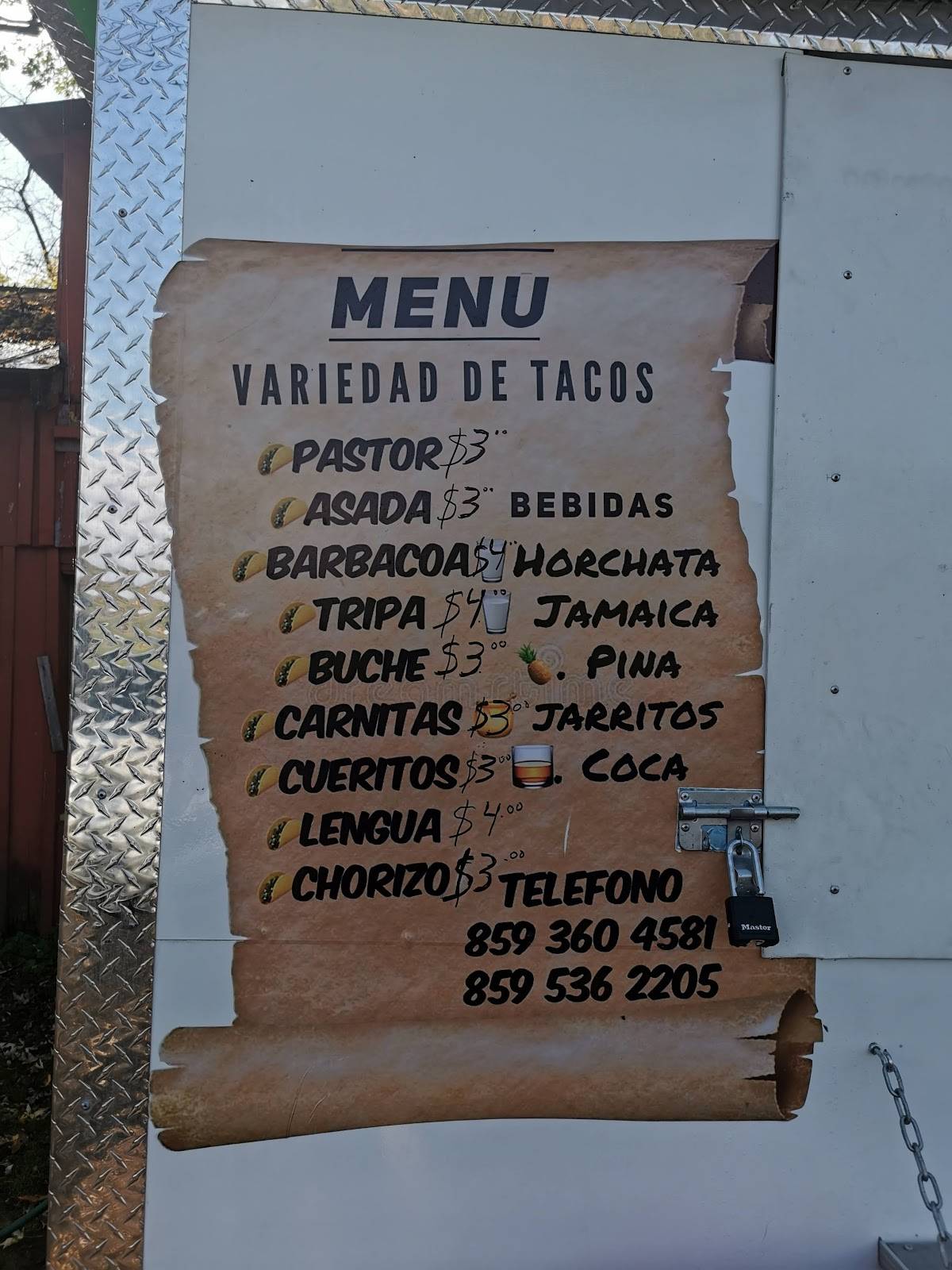 Menu at Tacos Los Compadres restaurant, Crittenden