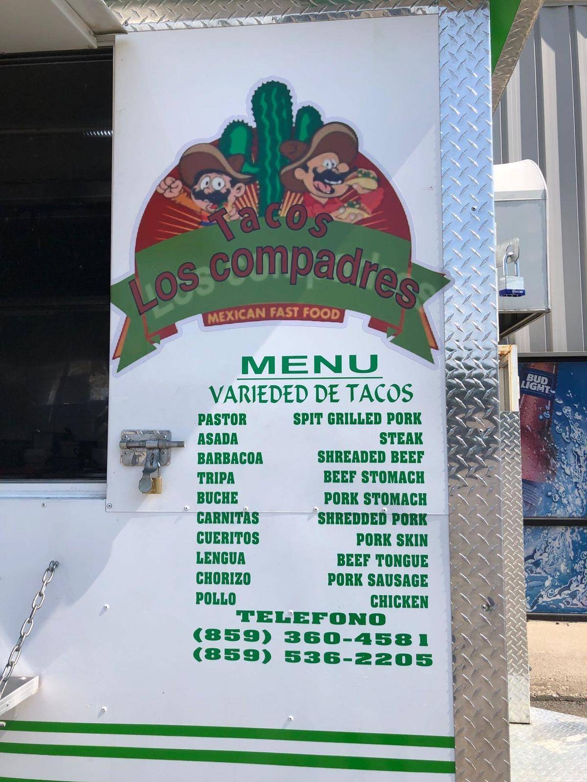 Menu at Tacos Los Compadres restaurant, Crittenden