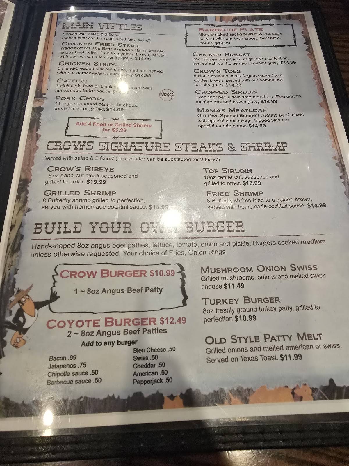 Menu at Crow's Country Cafe, Anna