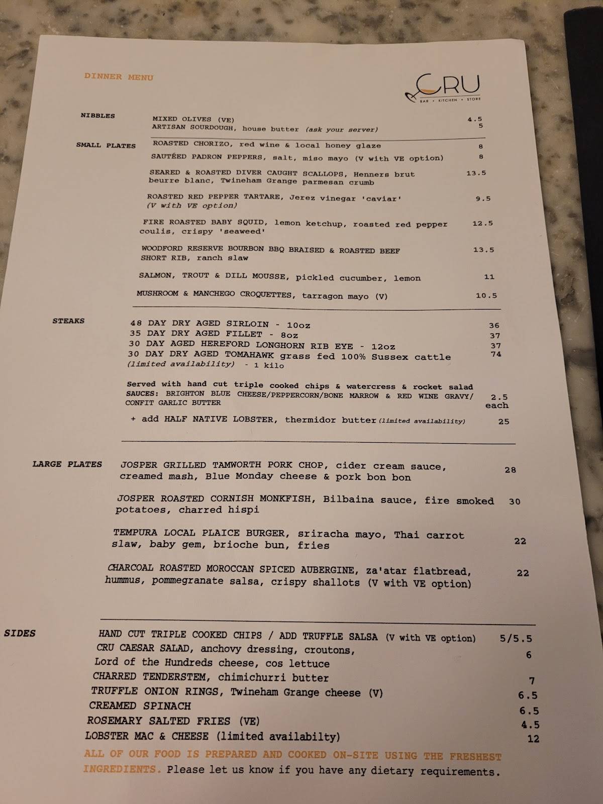 Menu at Cru pub & bar, Eastbourne
