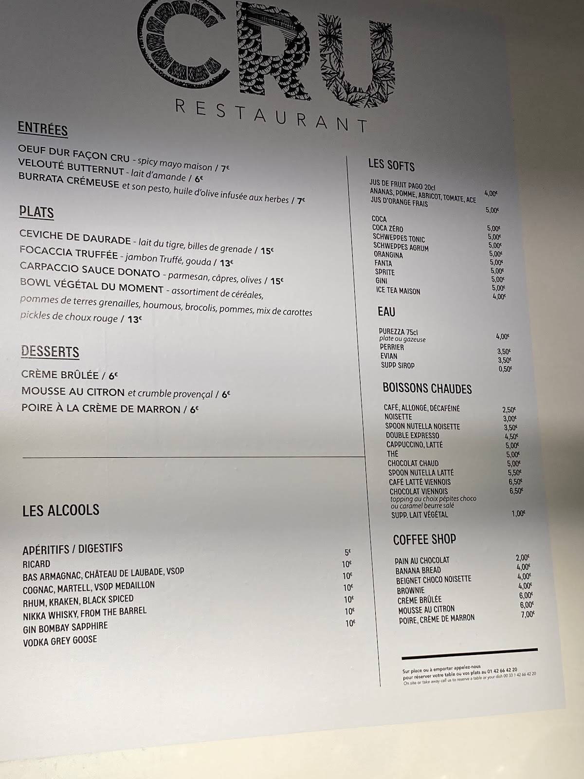 Menu at Cru restaurant, Paris, de l'homme