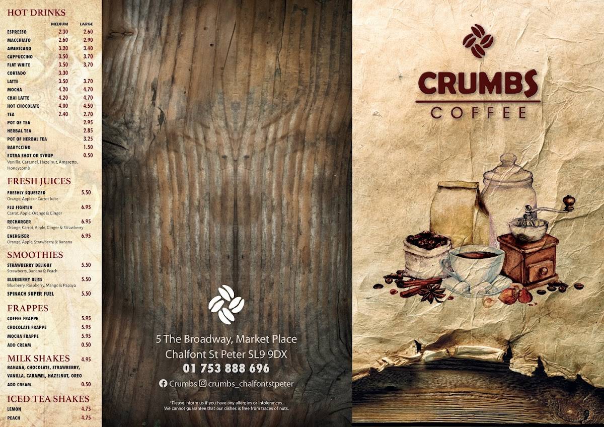 Menu at Crumbs cafe, Gerrards Cross