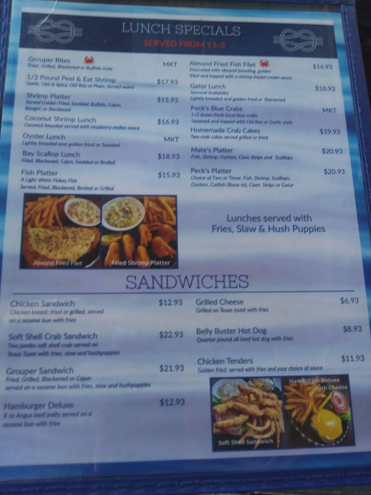 Menu at Peck's Old Port Cove restaurant, Crystal River