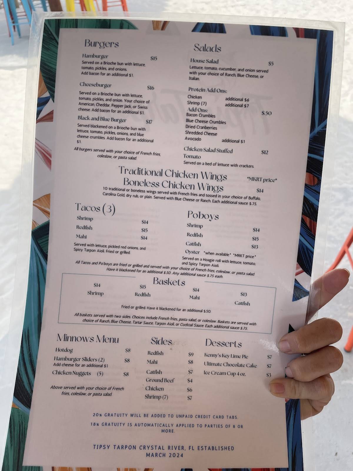 Menu at Tipsy Tarpon restaurant, Crystal River