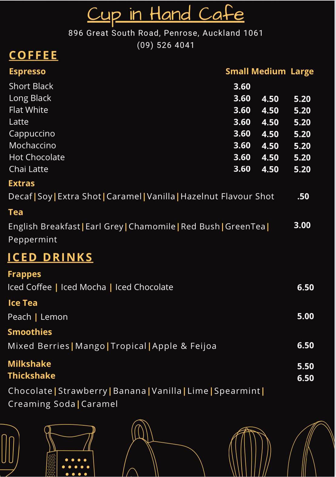 Menu at Cup In Hand cafe, Auckland