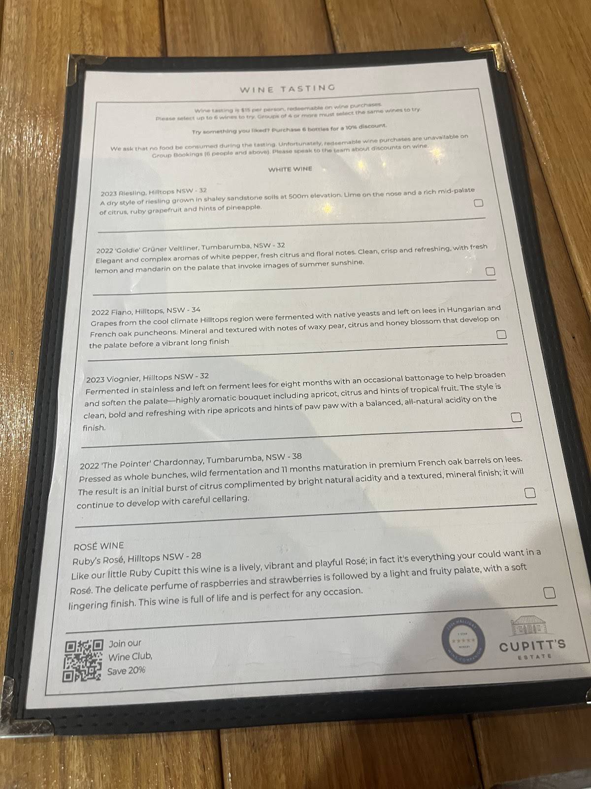 Menu at Cupitt's Estate restaurant, Ulladulla
