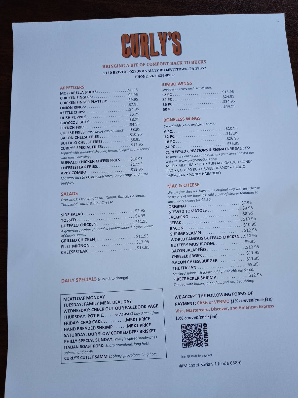 Menu at Curly’s Comfort Foods restaurant, Levittown