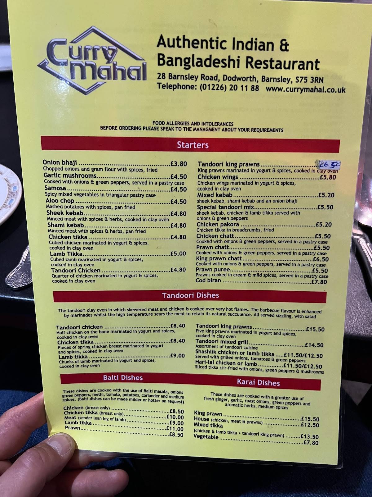 Menu at Curry Mahal Restaurant, Barnsley