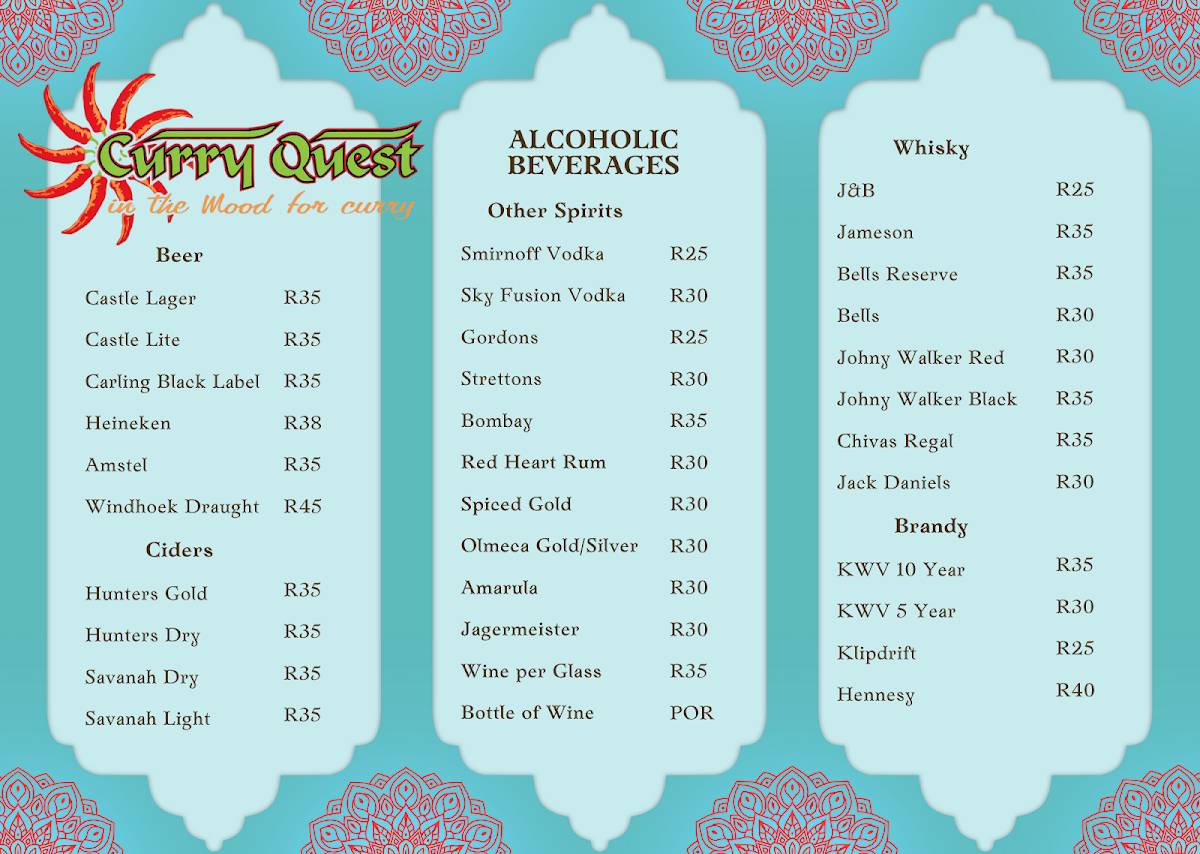 Menu at Curry Quest restaurant, Cape Town, 89 Durban Rd