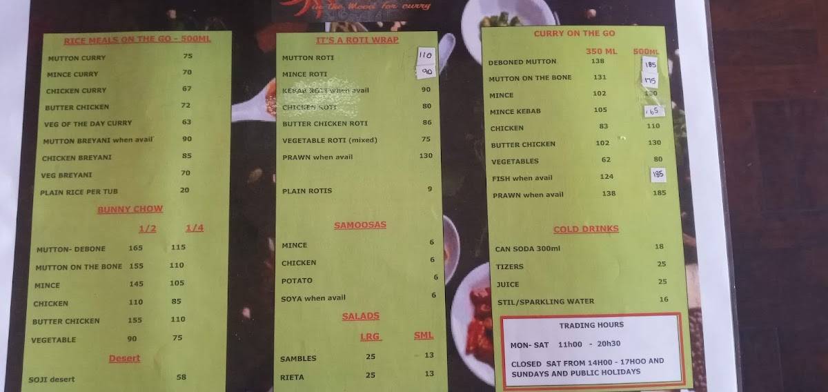 Menu at Curry Quest restaurant, Cape Town, 89 Durban Rd