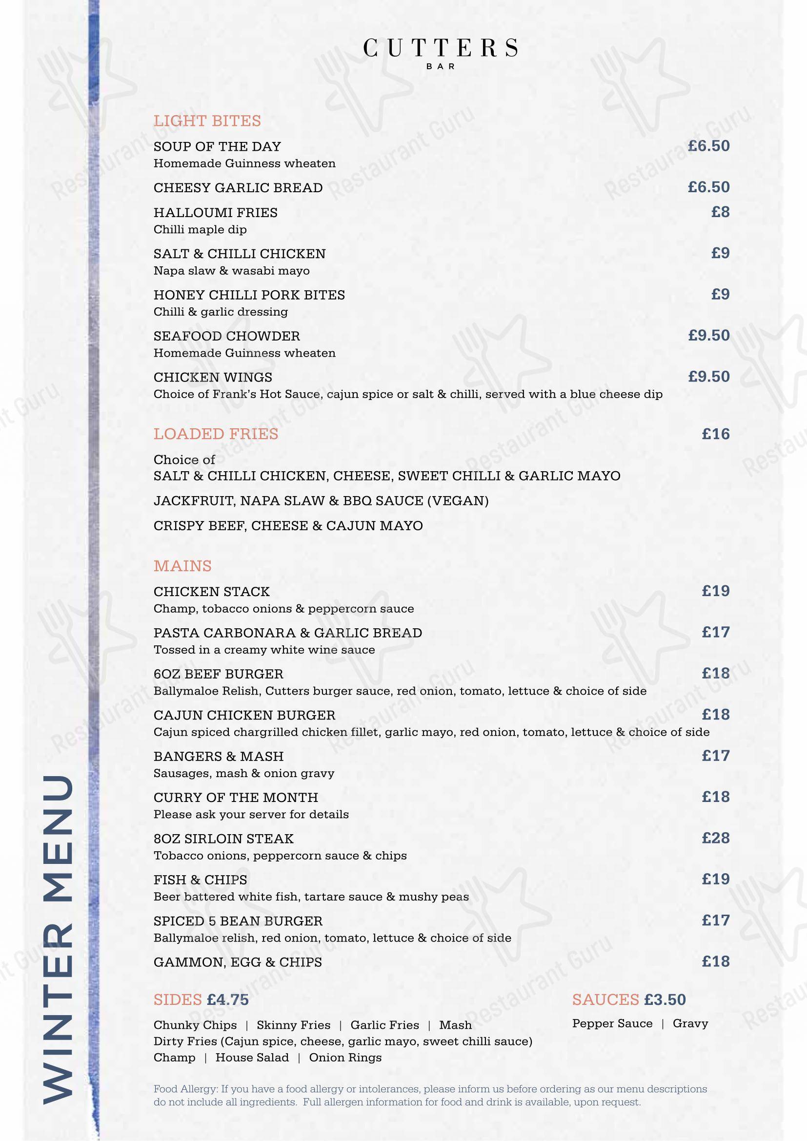 Menu at Cutters Wharf pub & bar, Belfast