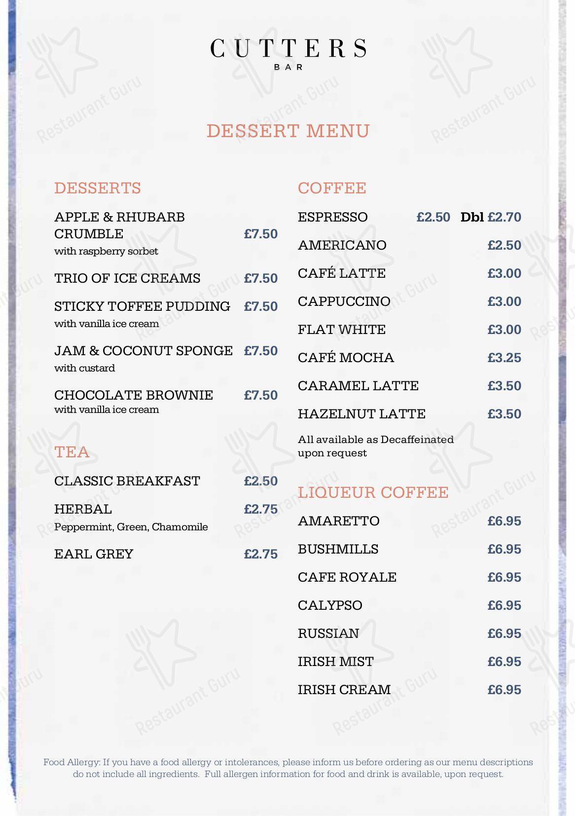 Menu at Cutters Wharf pub & bar, Belfast