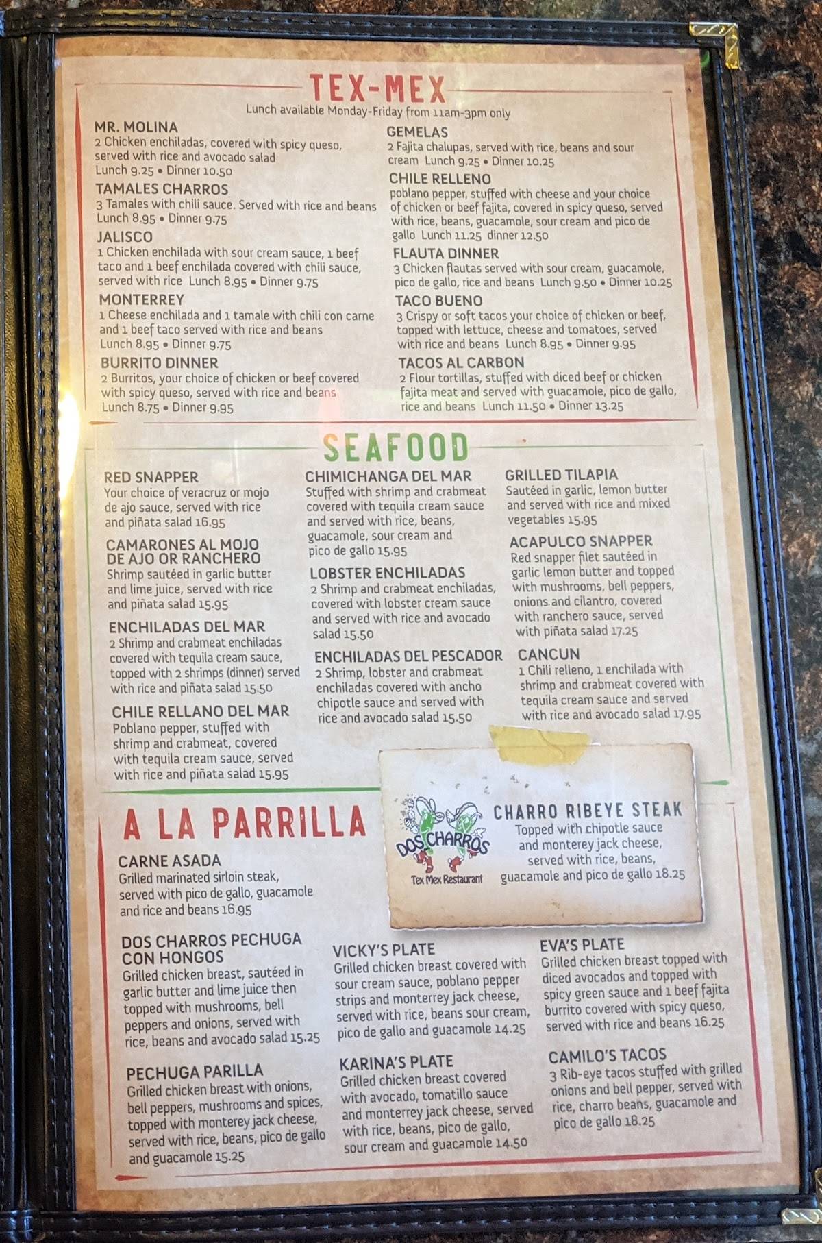Menu at DOS Charros Restaurant, Richardson