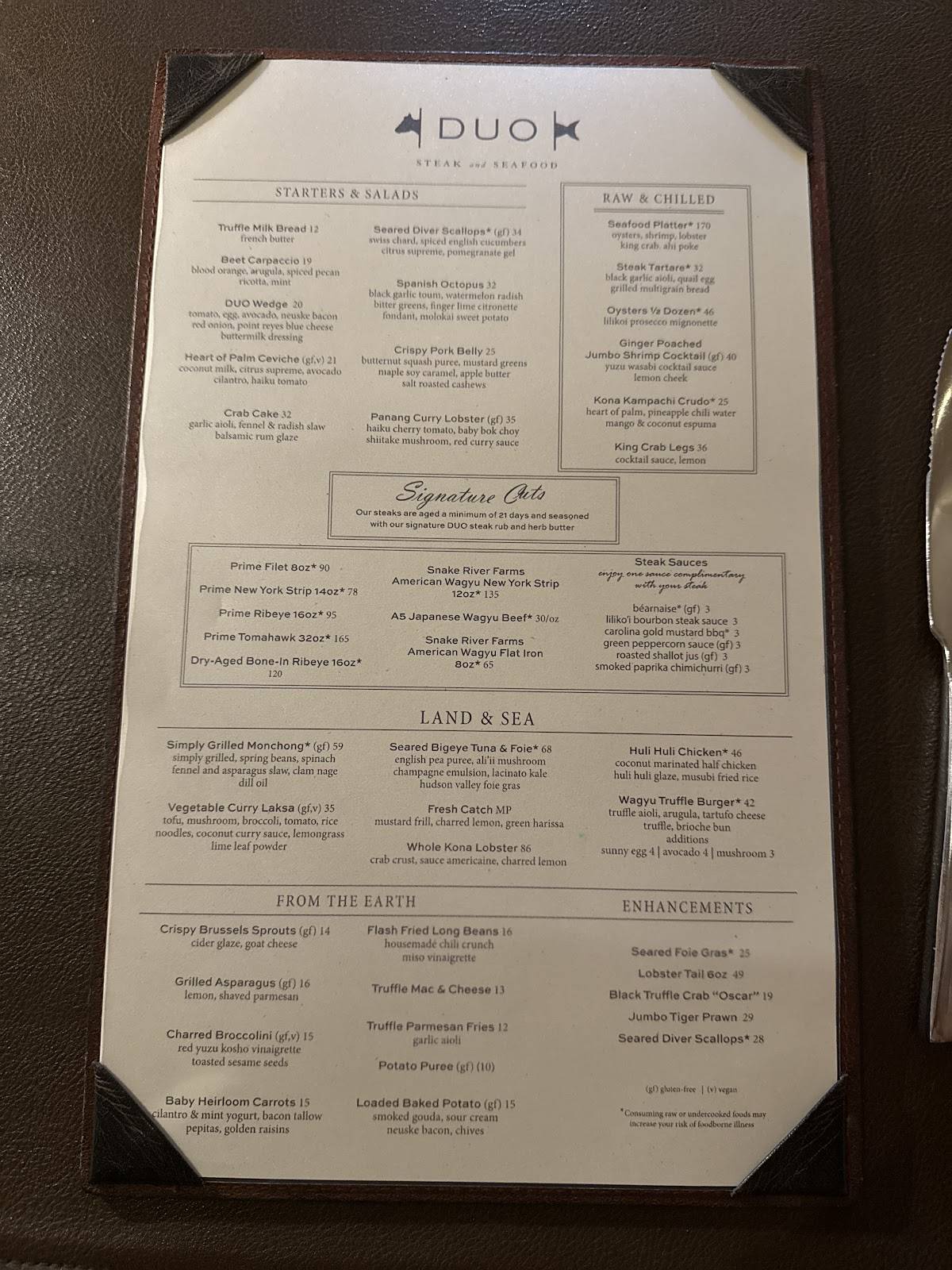 Menu at DUO Steak & Seafood steakhouse, Kihei