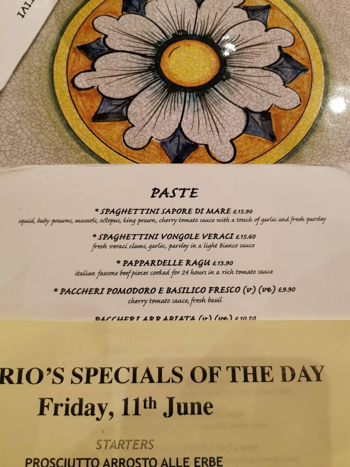 Menu at Da Mario Kensington restaurant, London, 15 Gloucester Rd