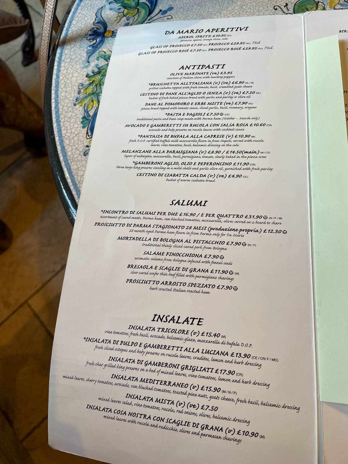 Menu at Da Mario Kensington restaurant, London, 15 Gloucester Rd