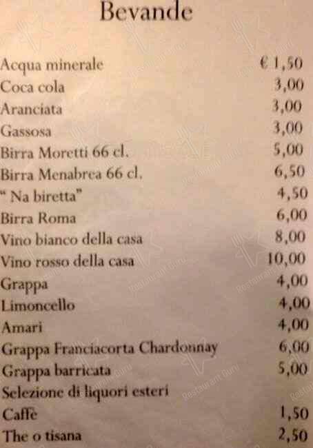 Menu at Trattoria Da Teo restaurant, Rome, Piazza dei Ponziani
