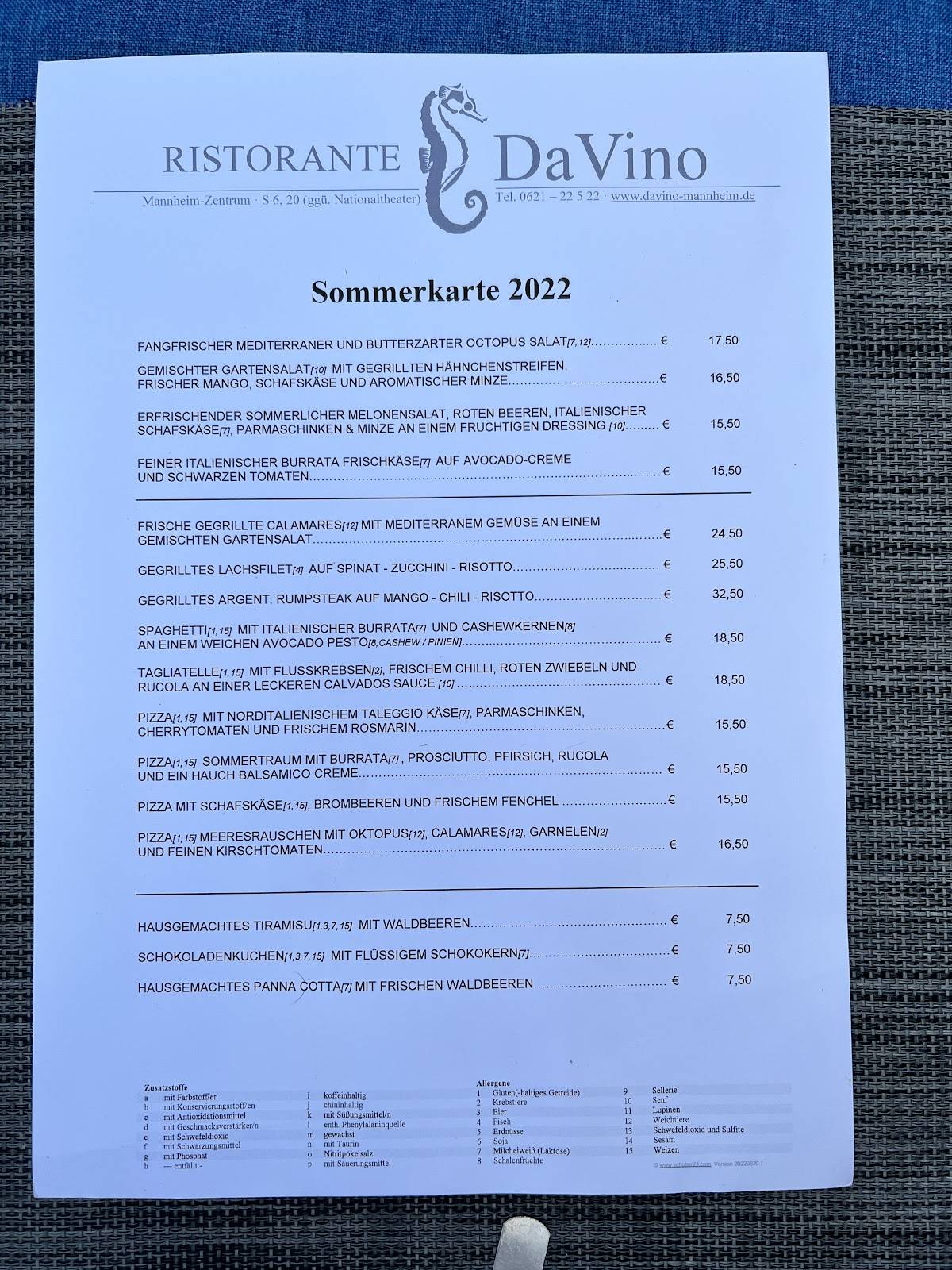 Speisekarte von Da Vino restaurant, Mannheim, S6 20