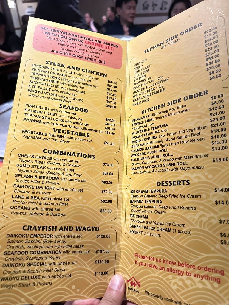 Menu at Daikoku on Quay St steakhouse, Auckland, 148 Quay St