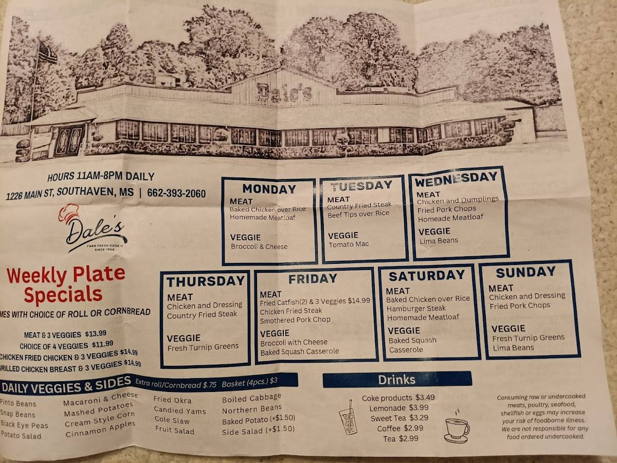 Menu at Dale’s restaurant, Southaven