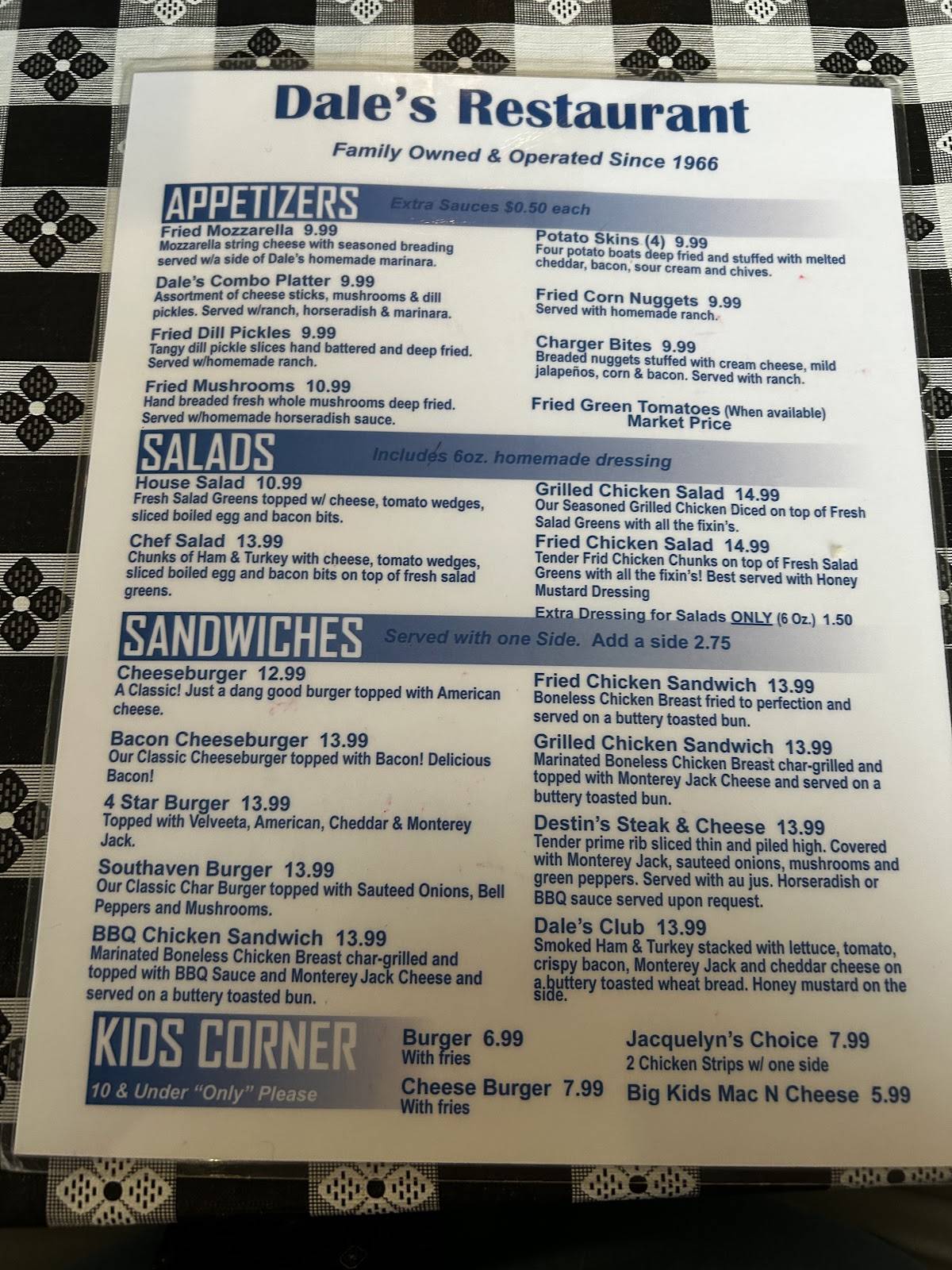 Menu at Dale’s restaurant, Southaven