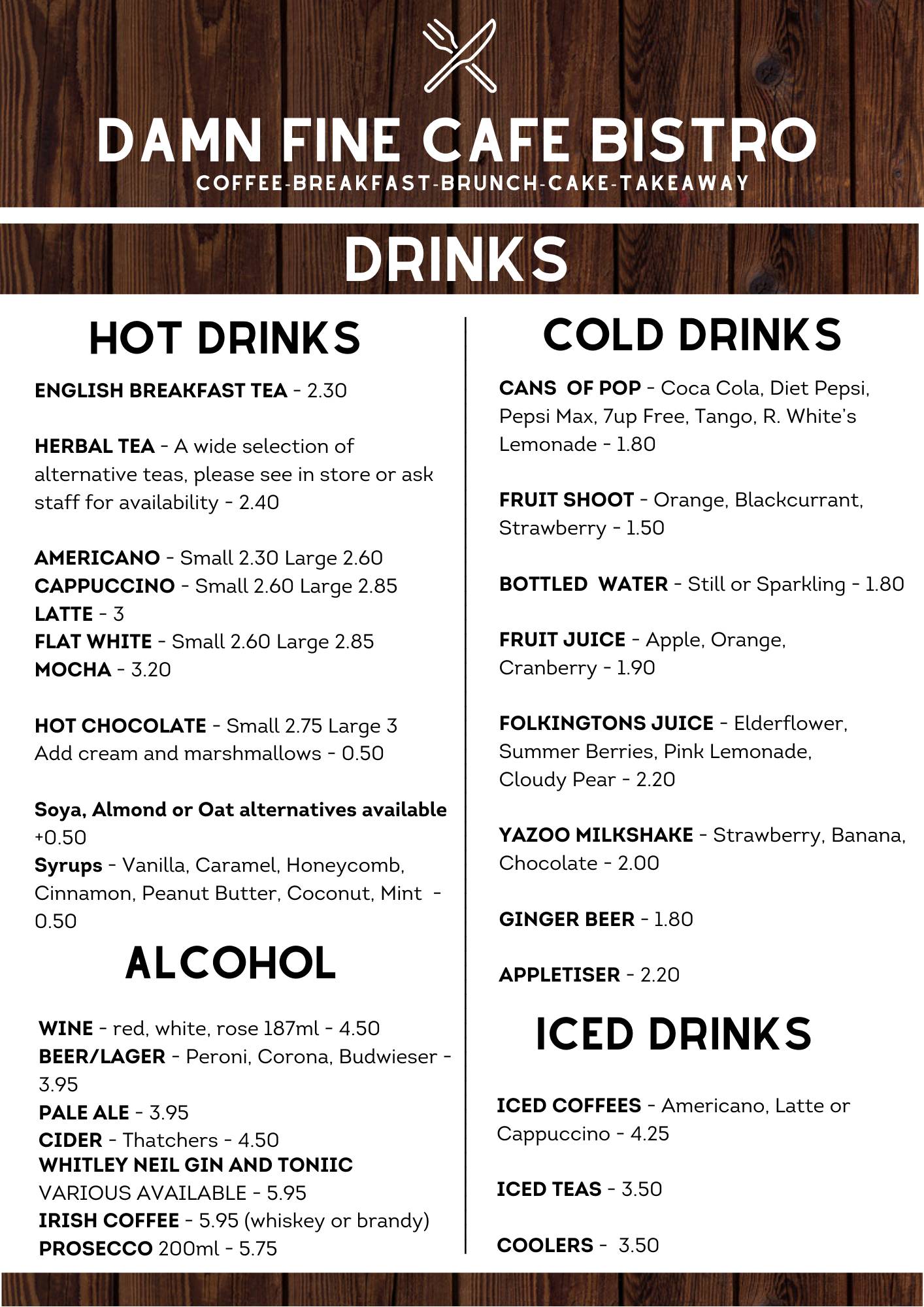 Menu at Damn Fine Cafe, Lichfield