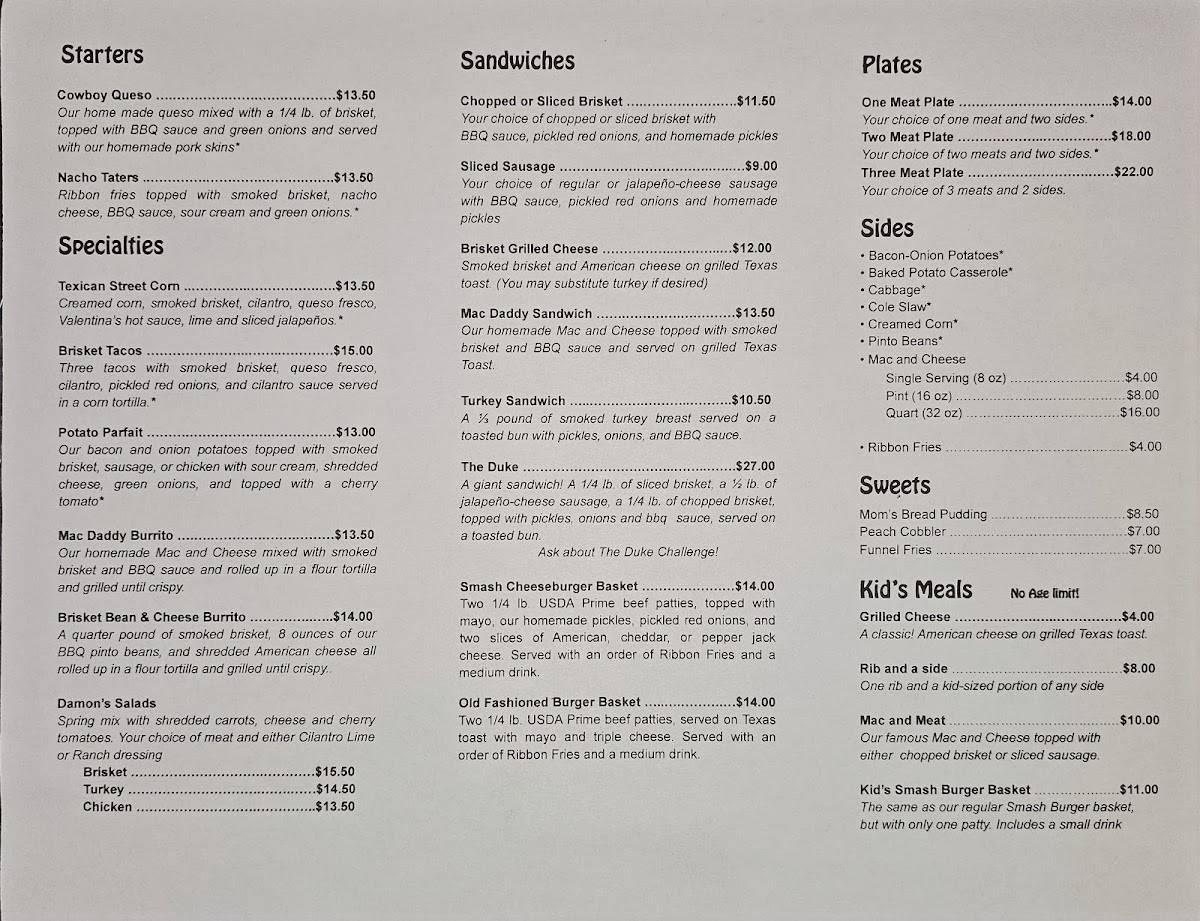 Menu at Damon's Real Texas BBQ, Wharton