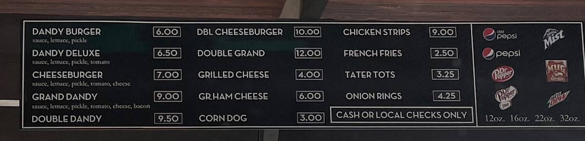 Menu at Dandy’s Drive-In restaurant, Bend