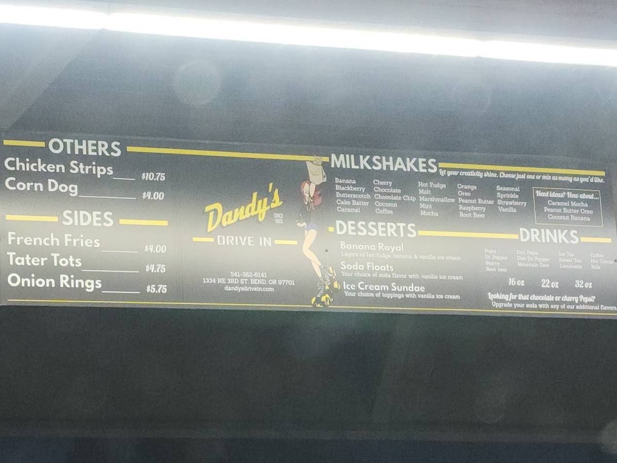 Menu at Dandy’s Drive-In restaurant, Bend
