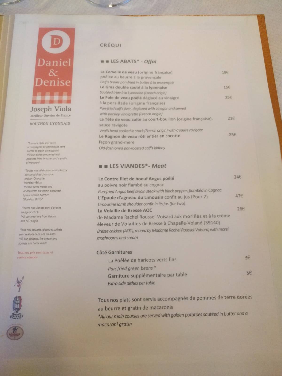 Menu at Daniel et Denise Créqui - Bouchon Lyonnais restaurant, Lyon