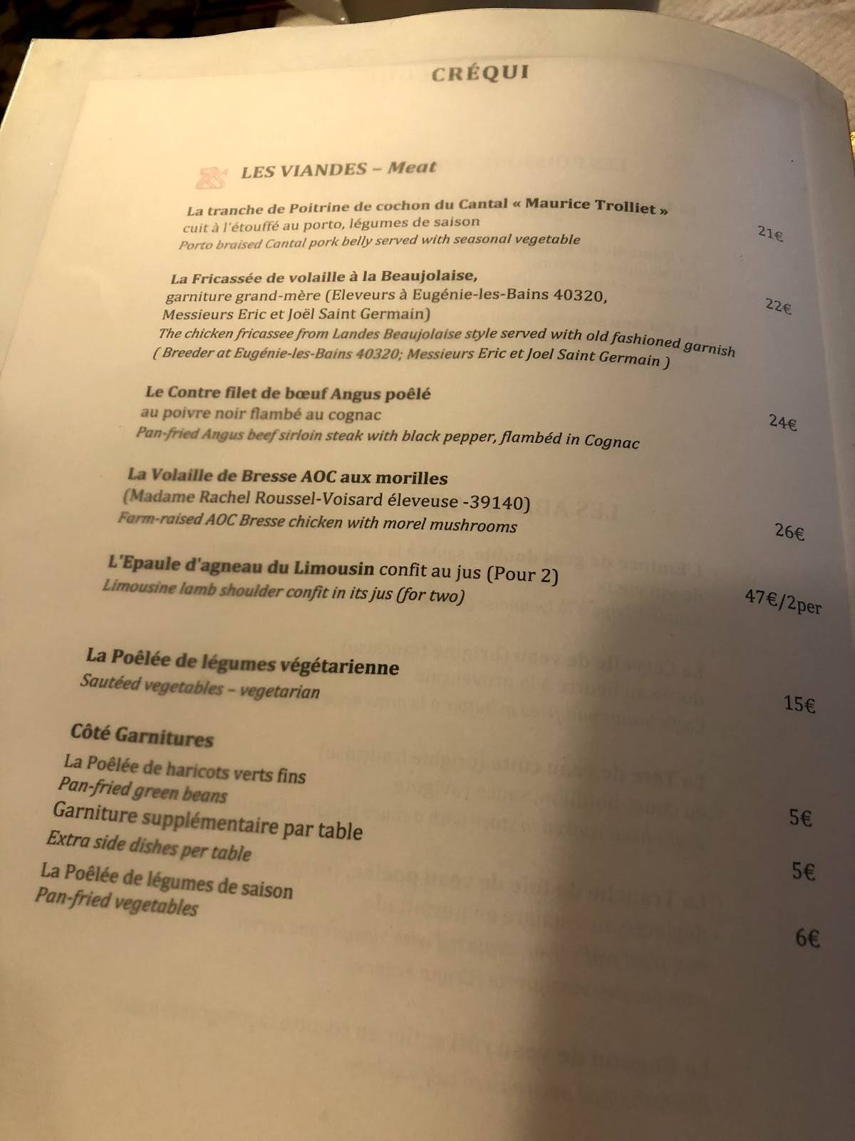Menu au Daniel et Denise Créqui restaurant, Lyon