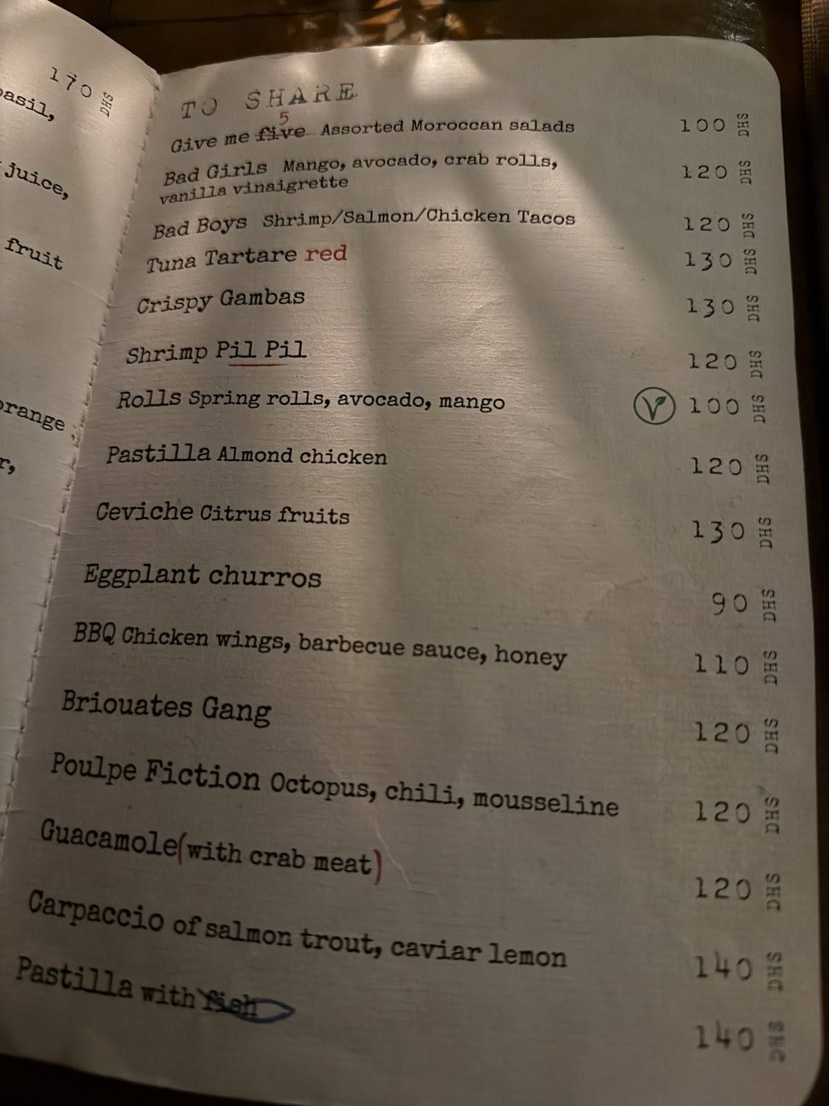 Menu at Restaurant Dardar Rooftop Marrakech, Marrakesh