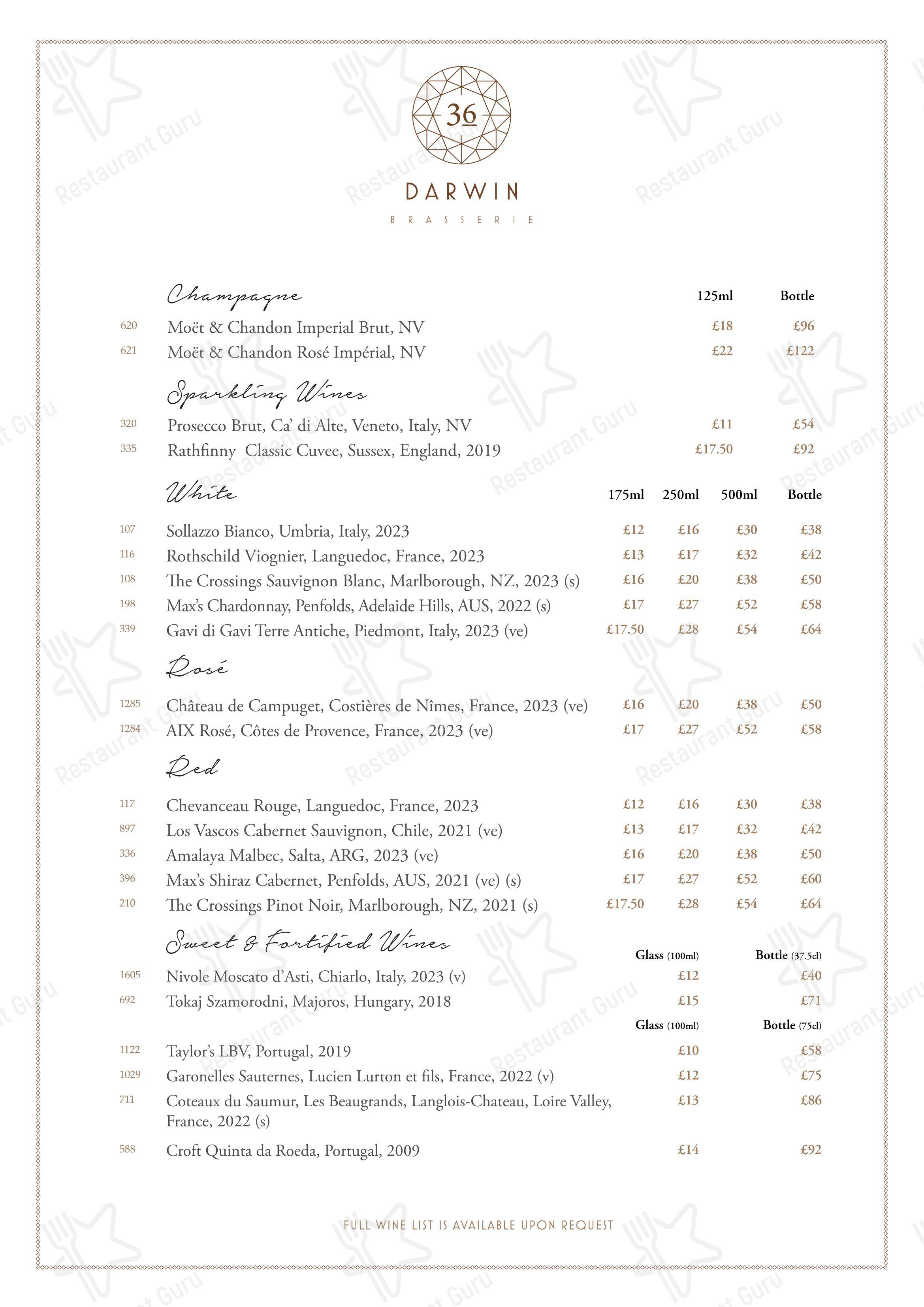 Menu at Darwin Brasserie pub & bar, London, Level 36