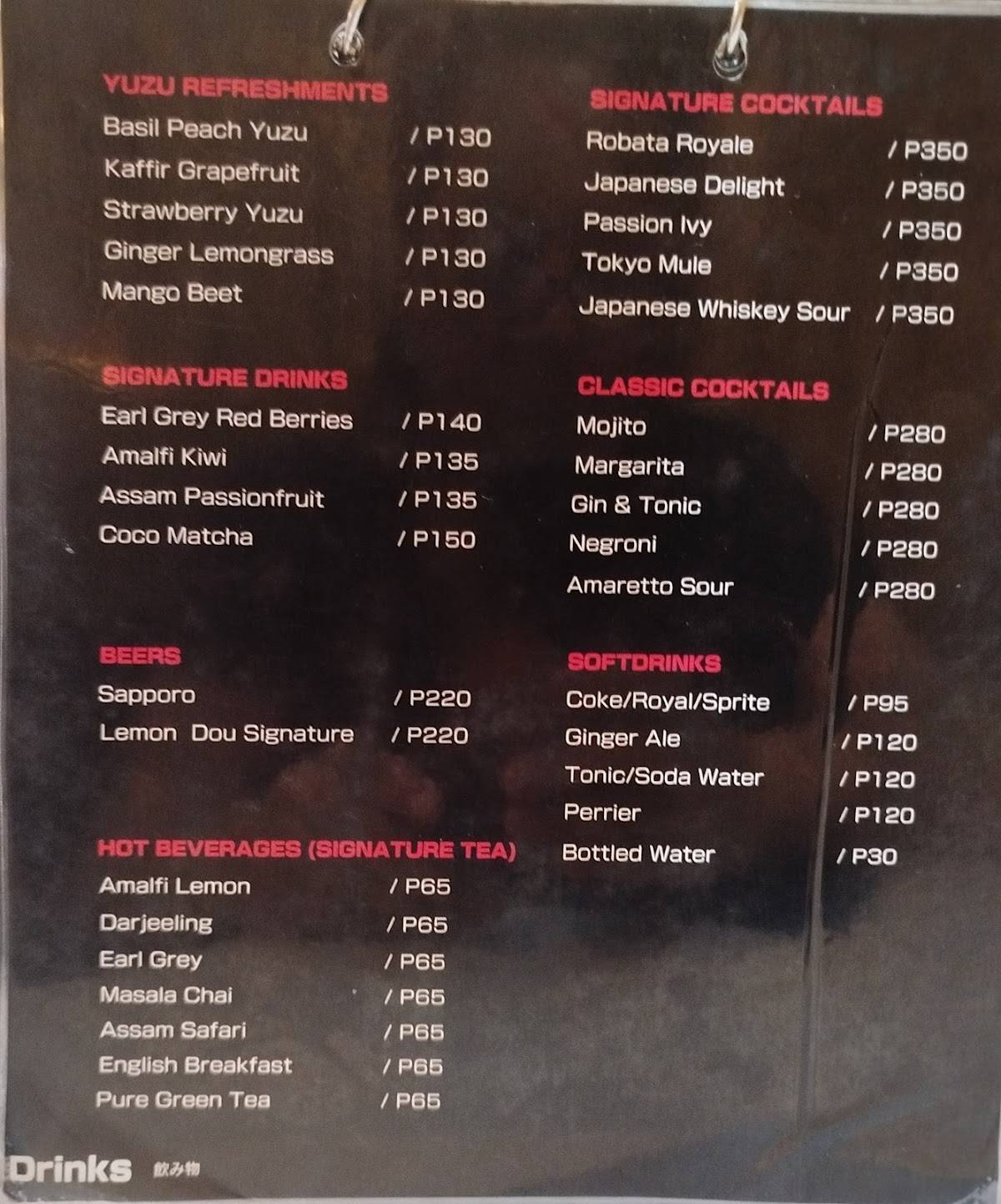 Menu at Robata Davao restaurant, Davao City