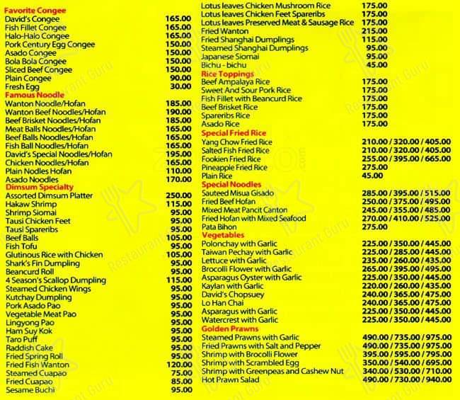 Menu at David's Tea House restaurant, Cainta