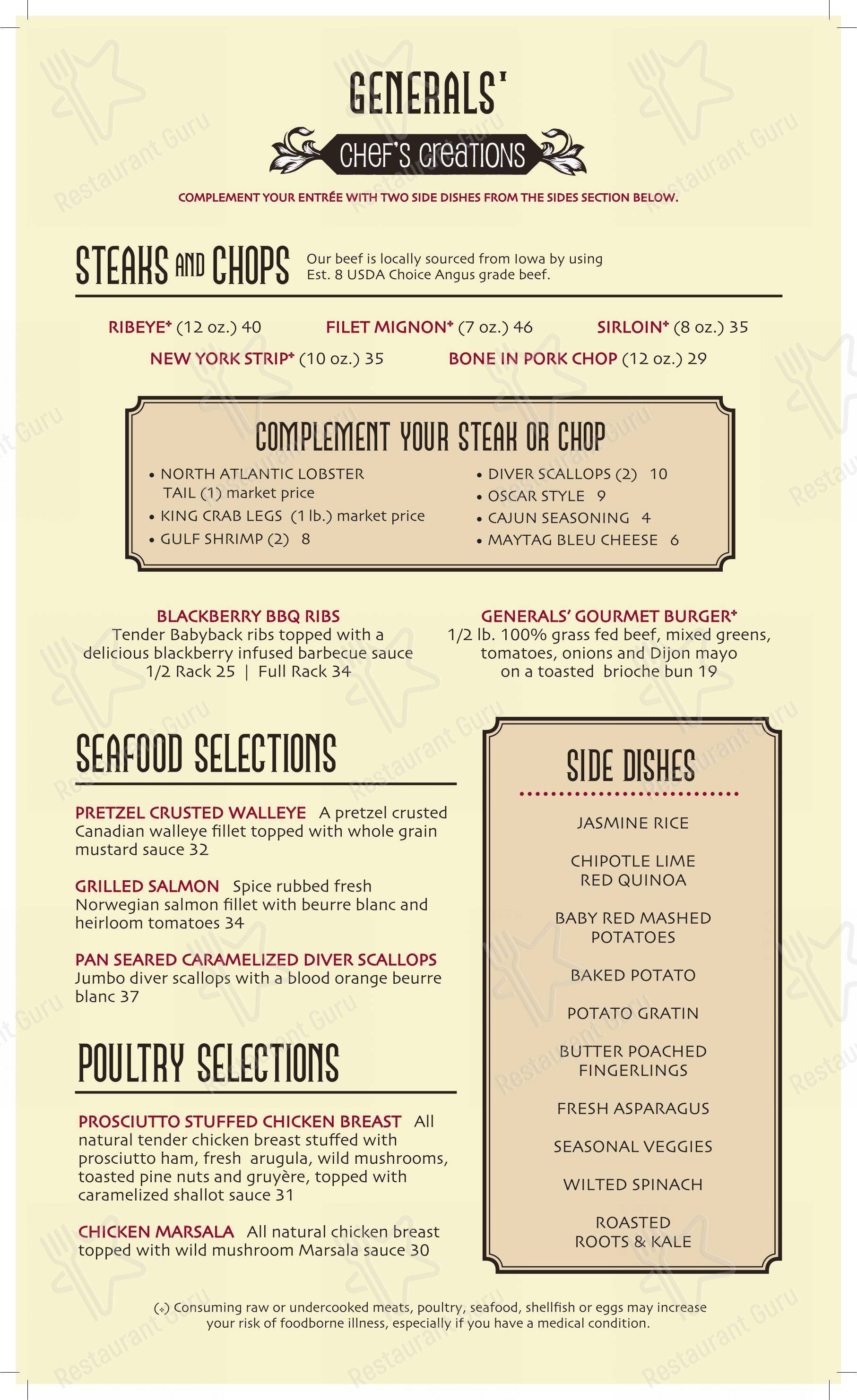 Menu at Generals' Restaurant, Galena