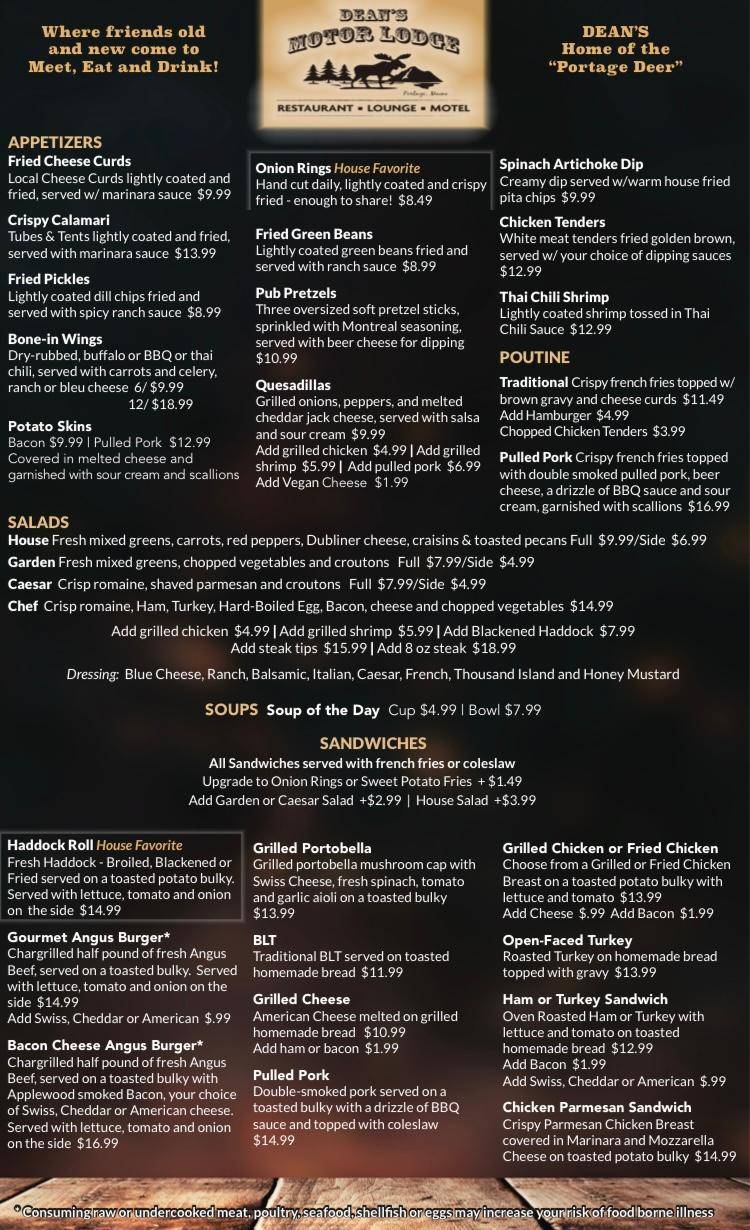 Menu at Dean's Motor Lodge steakhouse, Portage Lake, 15 Main St