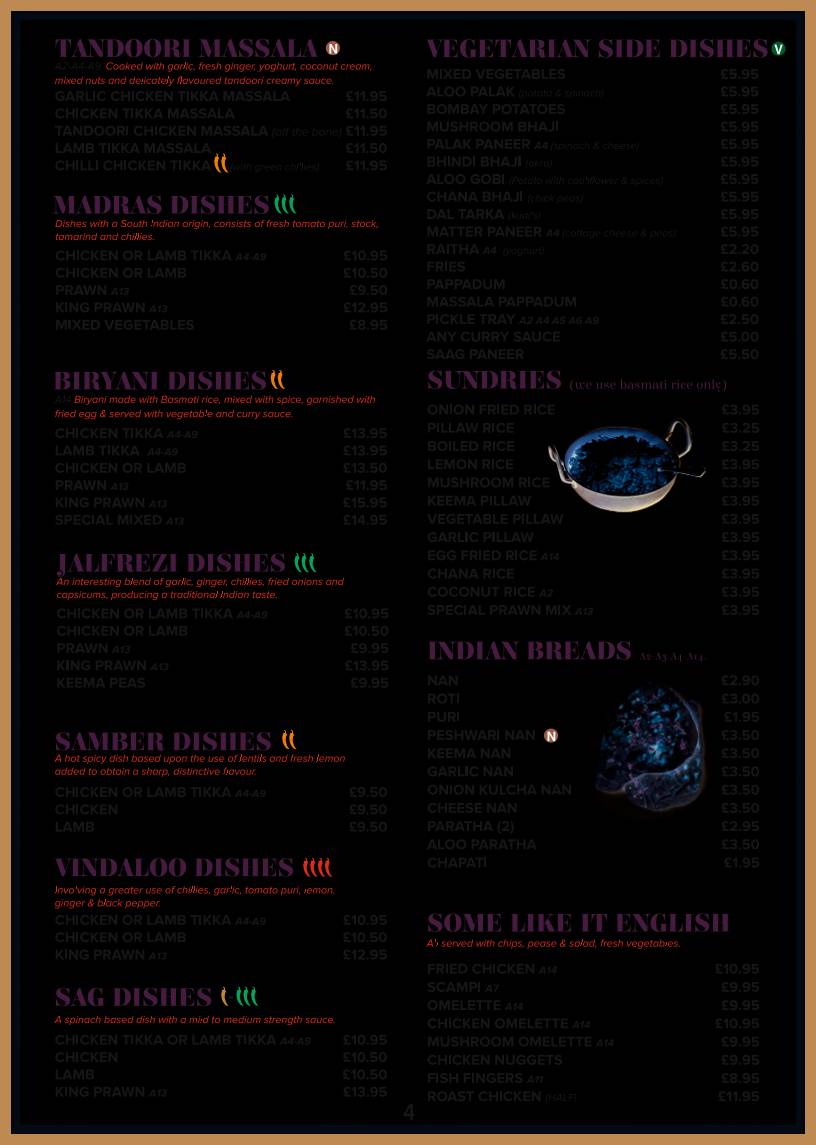 Menu at Deccan restaurant, Manchester