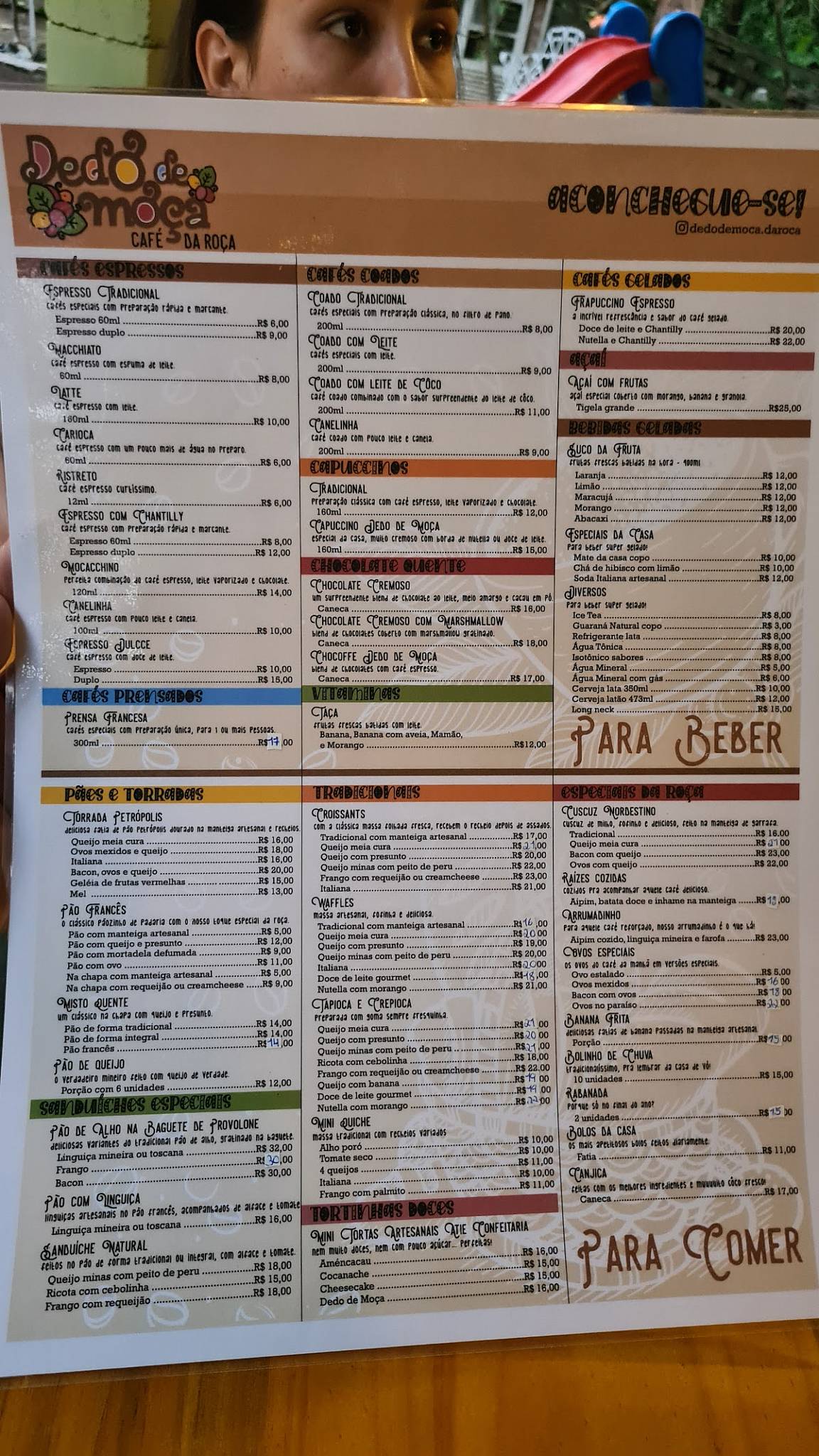 Menu em Dedo de Moça café da roça, Rio de Janeiro