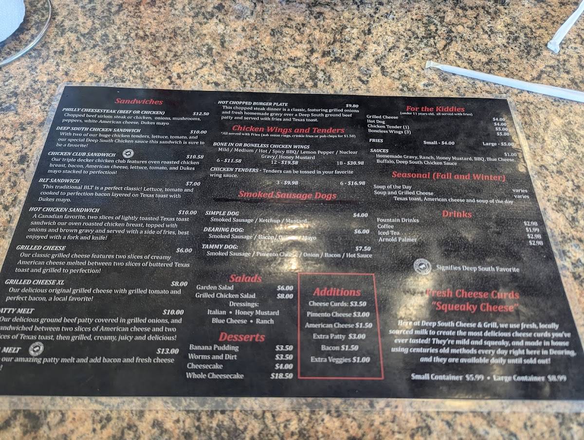 Menu at Deep South Cheese and Grill restaurant, Dearing