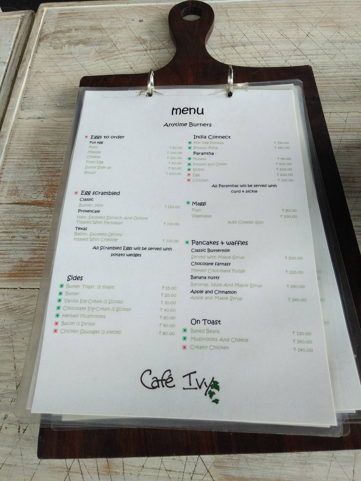 Menu at Cafe Ivy, Mussoorie